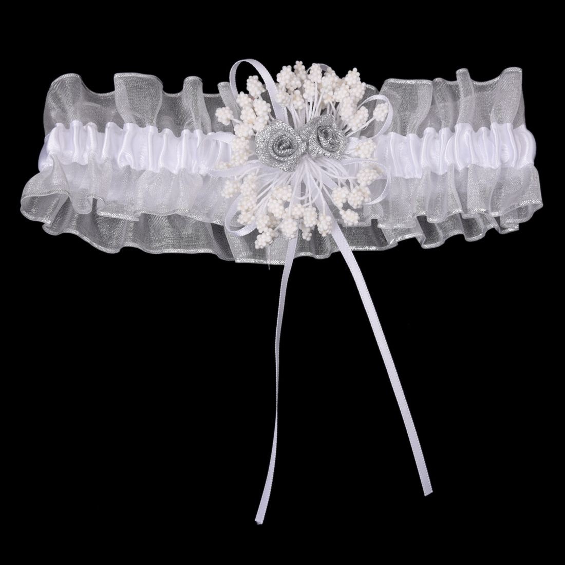 Jarretiere Mariage Voile Fleur Argenté Ruban Blanc