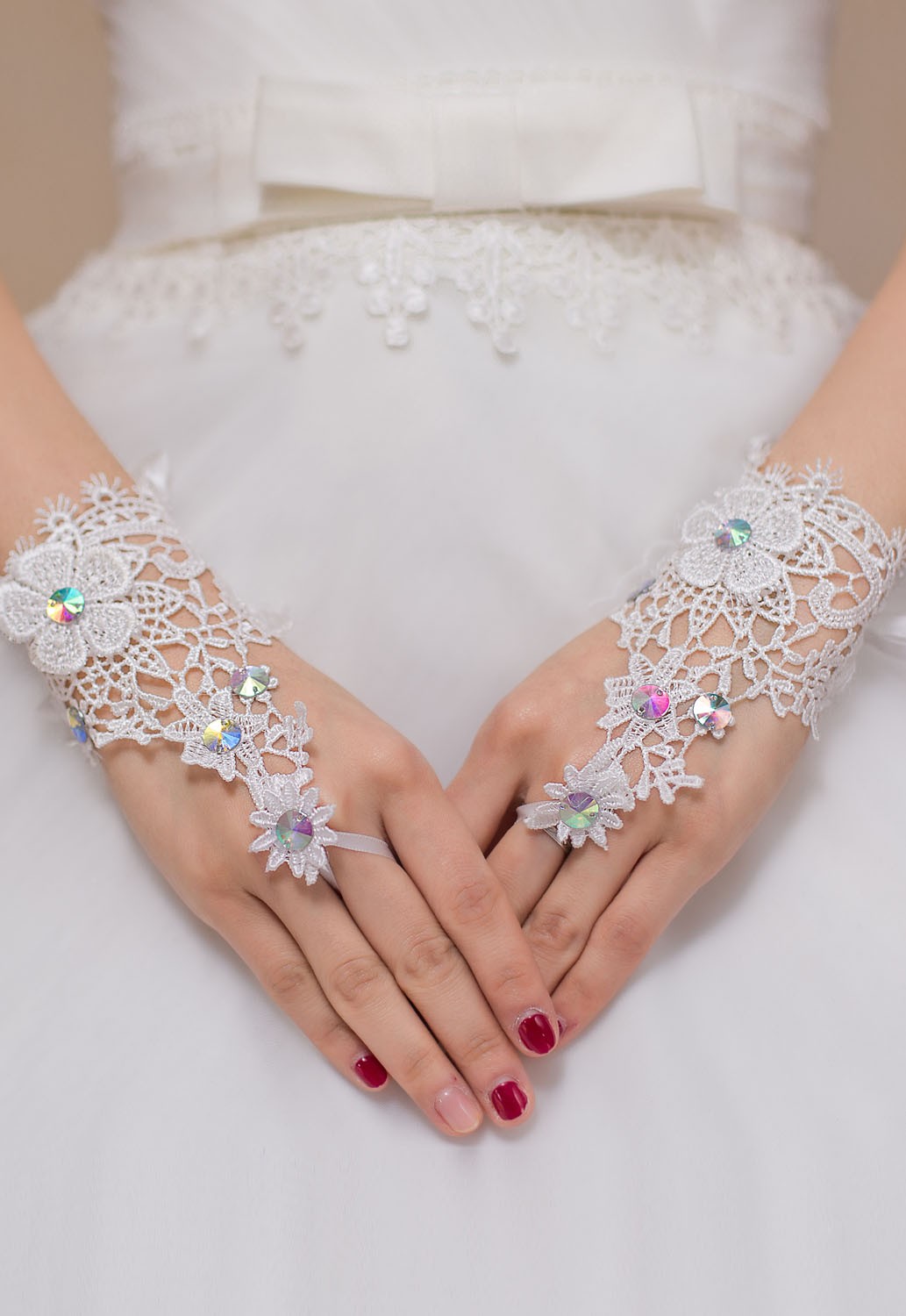 Gants Mitaines Blancs Strass Multicolores